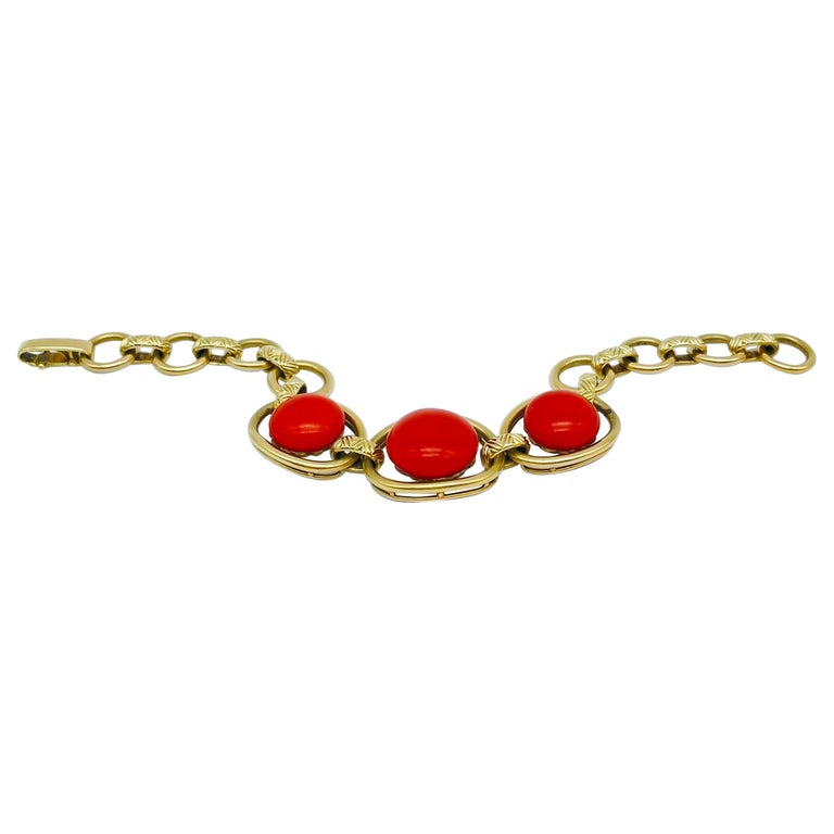 Exceptional Bracelet 14k Gold Link Chain Red Coral For Sale at 1stDibs