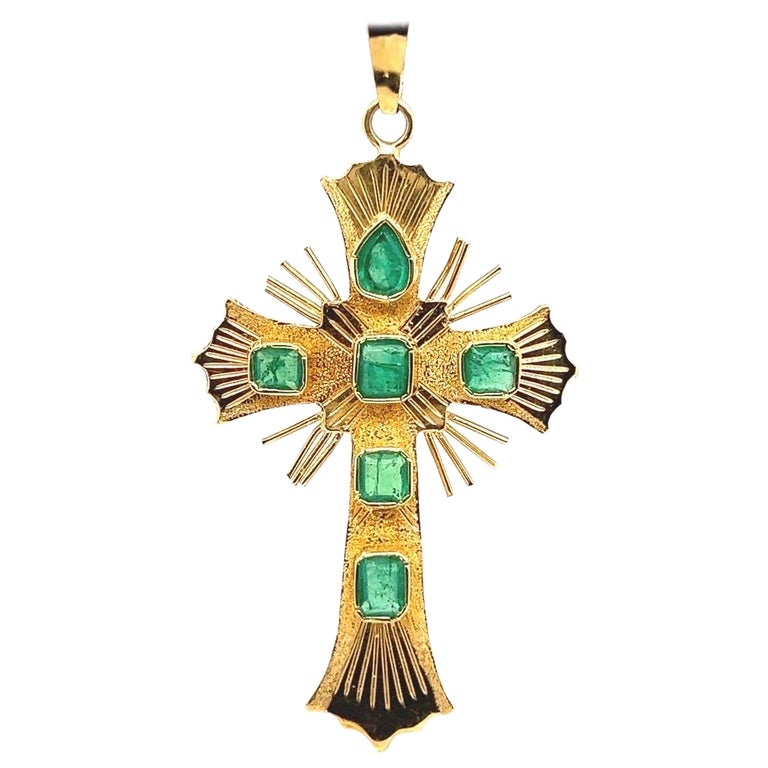 Retro Yellow Gold 1 Carat Natural Green Emerald Cross Pendant, Circa ...