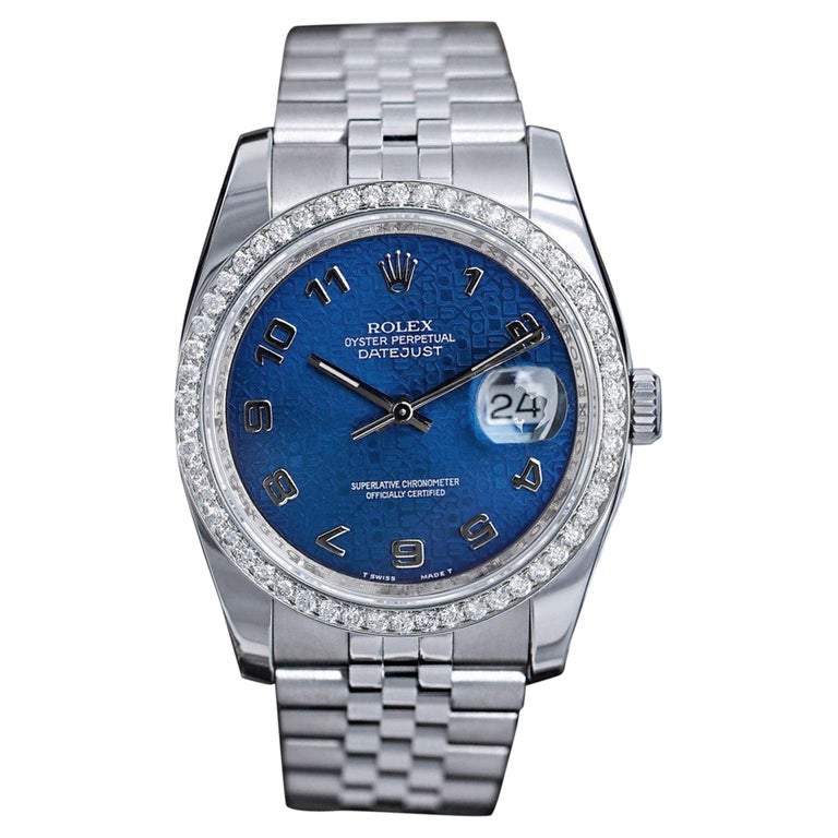Rolex 36mm Datejust Rare Blue Anniversary Logo Dial with Custom Diamond ...