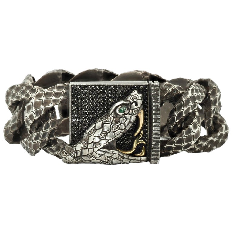 Taru Jewelry Serpent Emerald Diamond Yellow Gold and Silver Bracelet ...