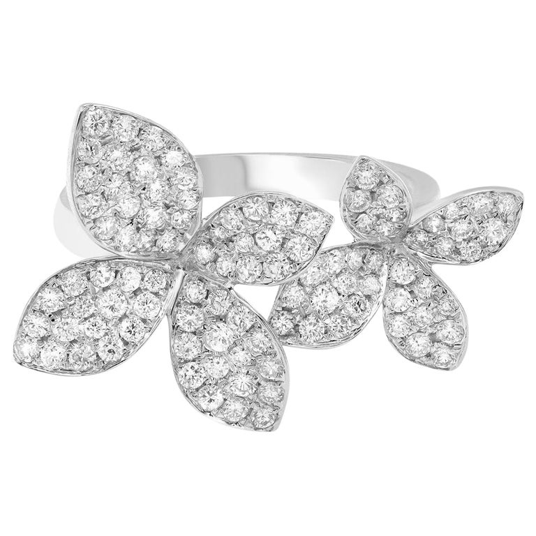 Diamond Double Flower Statement Ring in 18K White Gold at 1stDibs