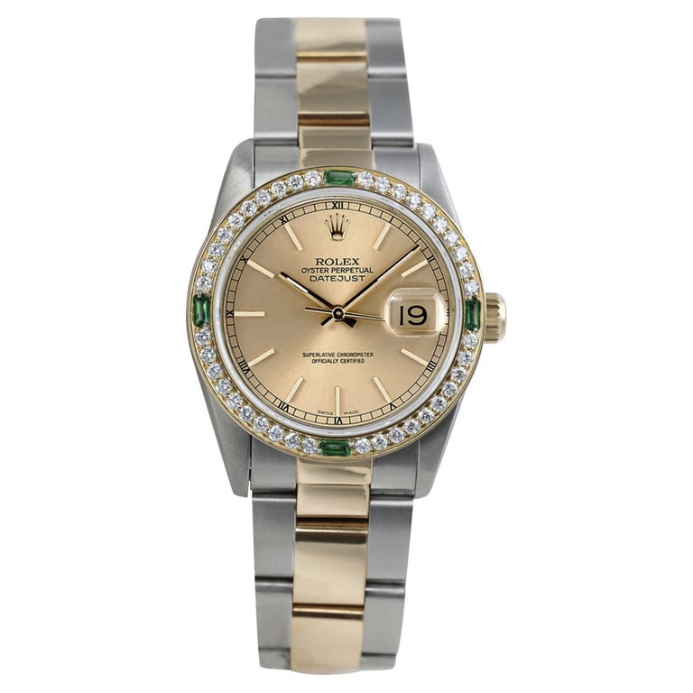Rolex Champagne Dial Datejust Two Tone Diamond + Emerald Bezel For Sale ...