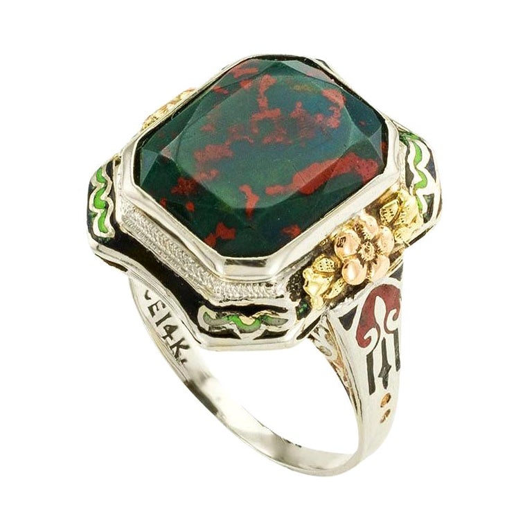 Tricolor Goldring mit Blutstein-Emaille im Art déco-Stil im Angebot bei ...