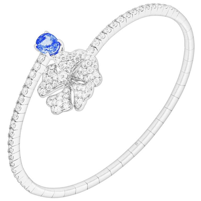 Bloom Blue Sapphire and Diamond Open Spiral Bangle in 18k White Gold ...