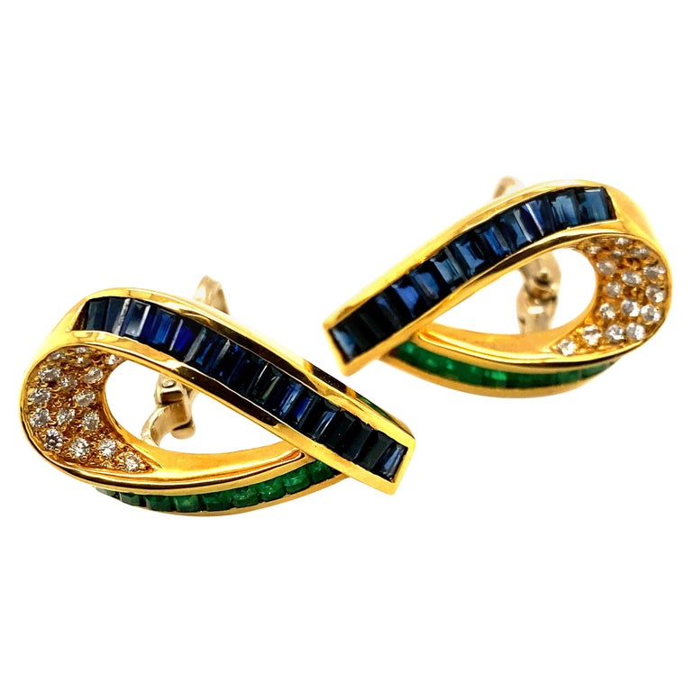Charles Krypell 18k Yellow Gold Earrings with Blue Sapphire, Emeralds ...