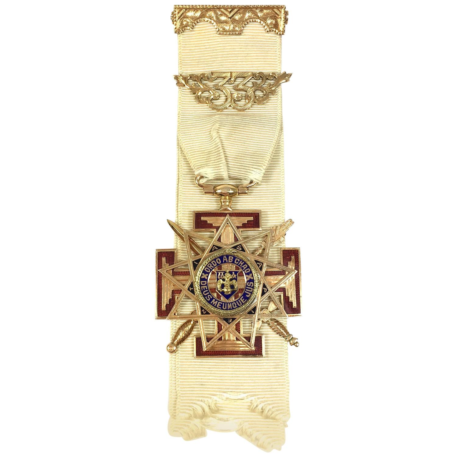 33rd Degree Scottish Rite Masonic Ribbon Enamel Gold Medal For Sale at ...