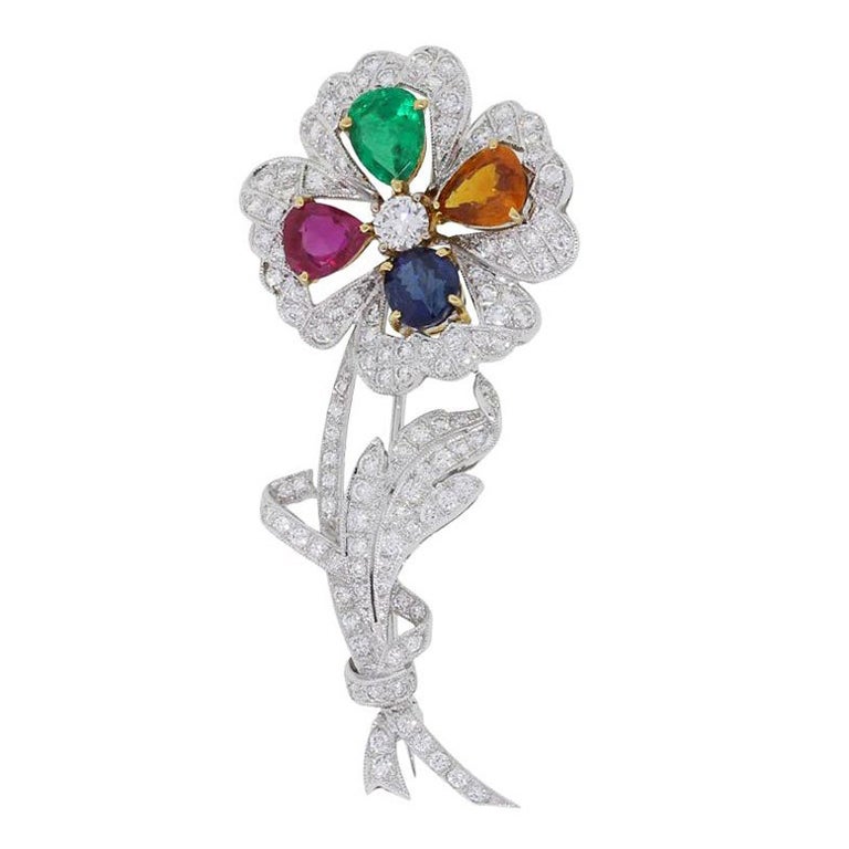Multi Gemstone and Diamond 18 Karat Gold Flower Bouquet Clip Brooch ...