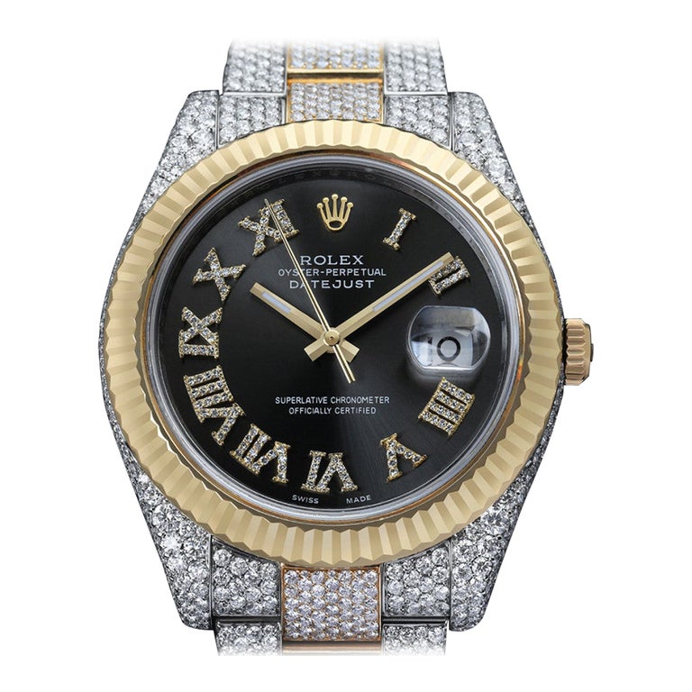 Rolex Datejust 41 Two Tone Yellow Custom Diamond Watch Dark Grey Dial ...