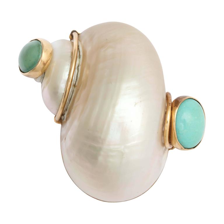 1940's Seaman Schepps Jumbo Turquoise Gold Double Clip Shell Brooch at ...