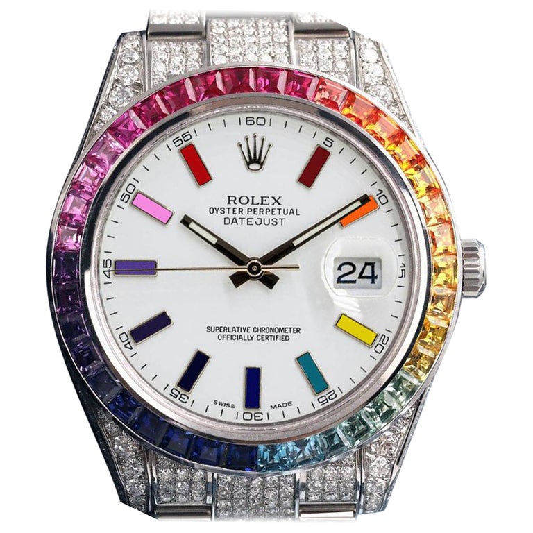 Rolex Datejust II Stainless Steel Fully Iced Out Watch with Rainbow ...