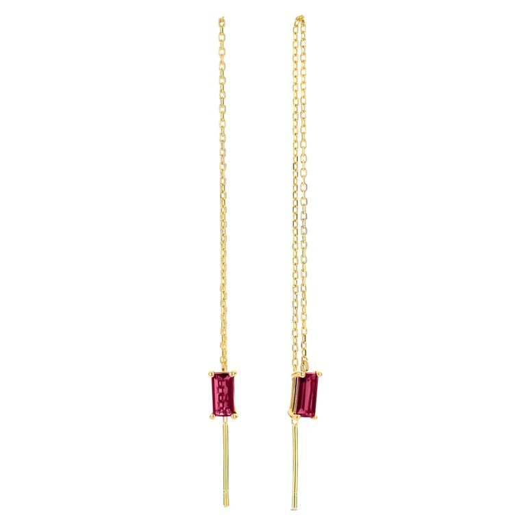 14k Solid Gold Drop Earrings with Garnet, Chain Gold Earrings For Sale ...