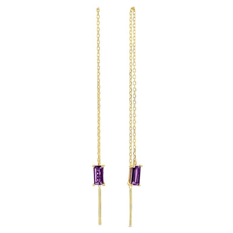 14k Solid Gold Drop Earrings with Amethysts, Chain Gold Earrings For ...