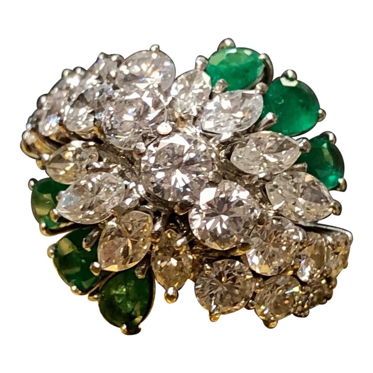 Vintage 18K Marquise Diamond Emerald Spray Ring For Sale at 1stDibs