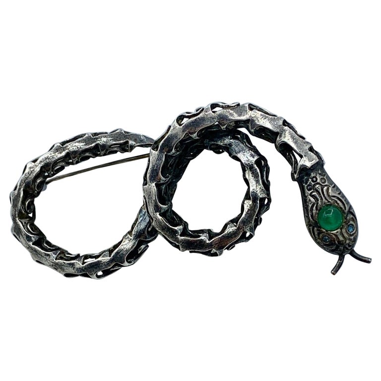 Art Deco Snake Brooch Green Chrysophrase Silver Antique For Sale at 1stDibs