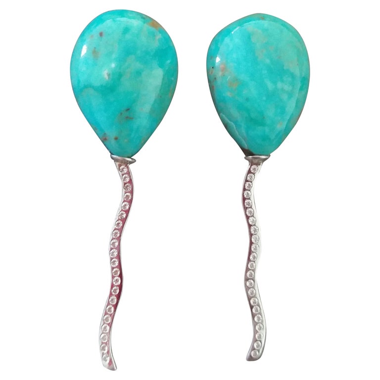 Balloon Style Natural Turquoise Pear Shape Cabs Diamonds 14K Gold Stud ...