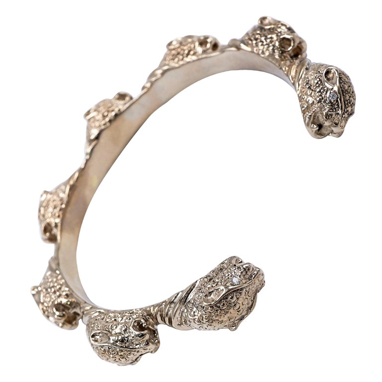White Diamond Gold Jaguar Statement Bangle Bracelet Animal Jewelry Cuff ...