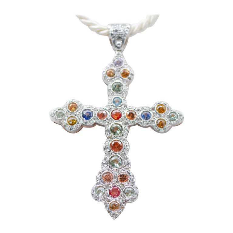 Multicolor Sapphires, Diamonds, Rose Gold and Silver Cross Pendant ...