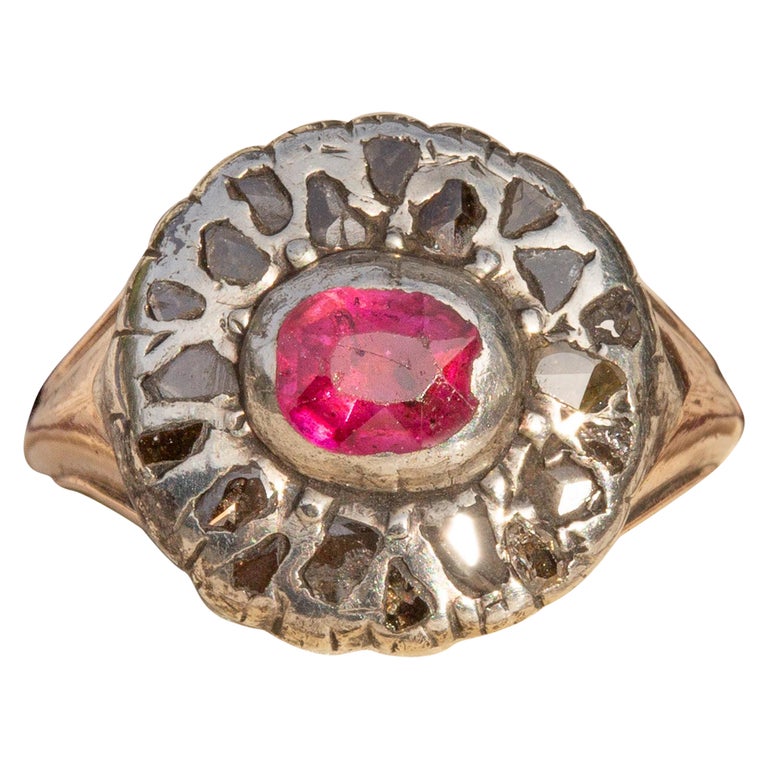 Scarce Antique Georgian Pink Ruby and Diamond Floral Cluster Ring c ...