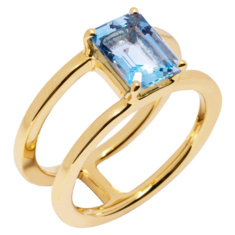 Aquamarine 18 Karat Yellow Gold Open Band Ring For Sale at 1stDibs