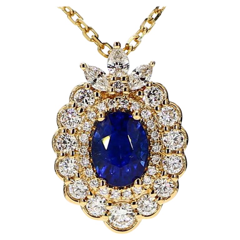 Natural Blue Oval Sapphire and White Diamond 2.09 Carat TW Yellow Gold ...