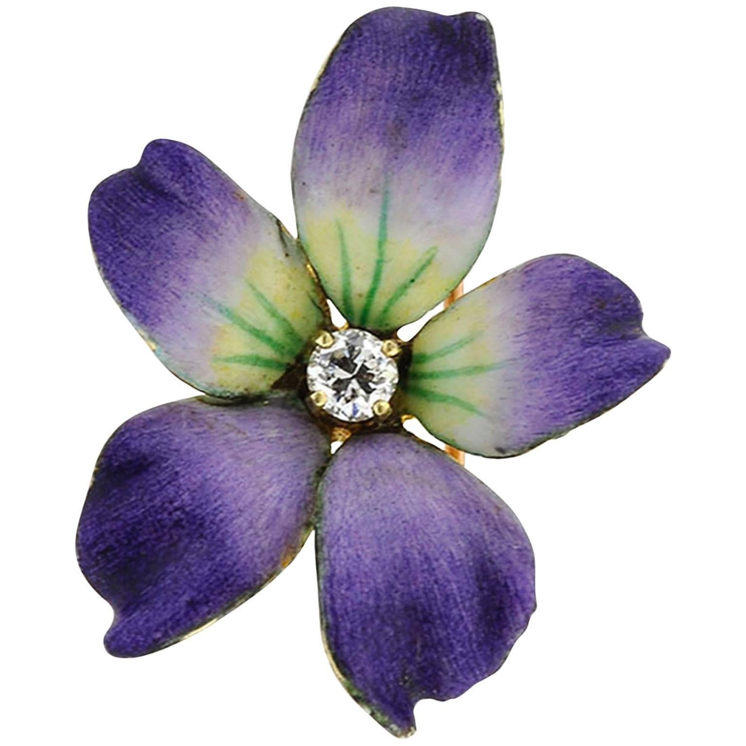 Art Nouveau Wild Violet Enamel Diamond Gold Brooch at 1stDibs | art ...