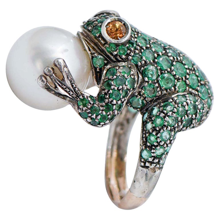 Emeralds, Yellow Sapphires, Pearl, Rose Gold and Silver Frog Shape Ring ...