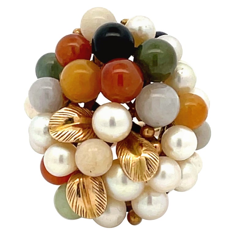 Mings Large Pearl and Jade Leaf Ring in 14k Yellow Gold For Sale at 1stDibs