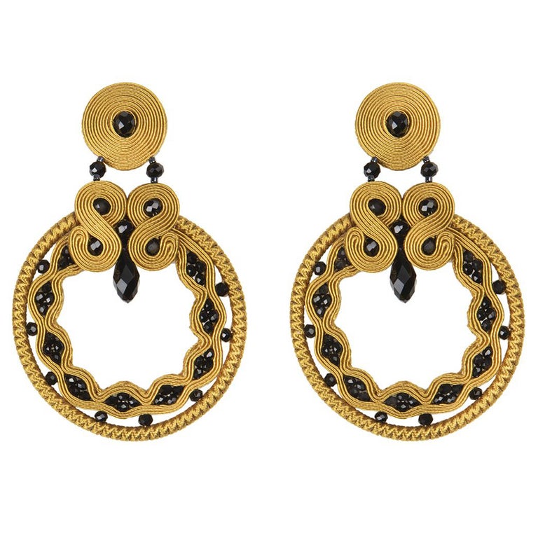 Ocher and Jet Soutache Earrings with Silk Rayon, Crystal Beads and ...