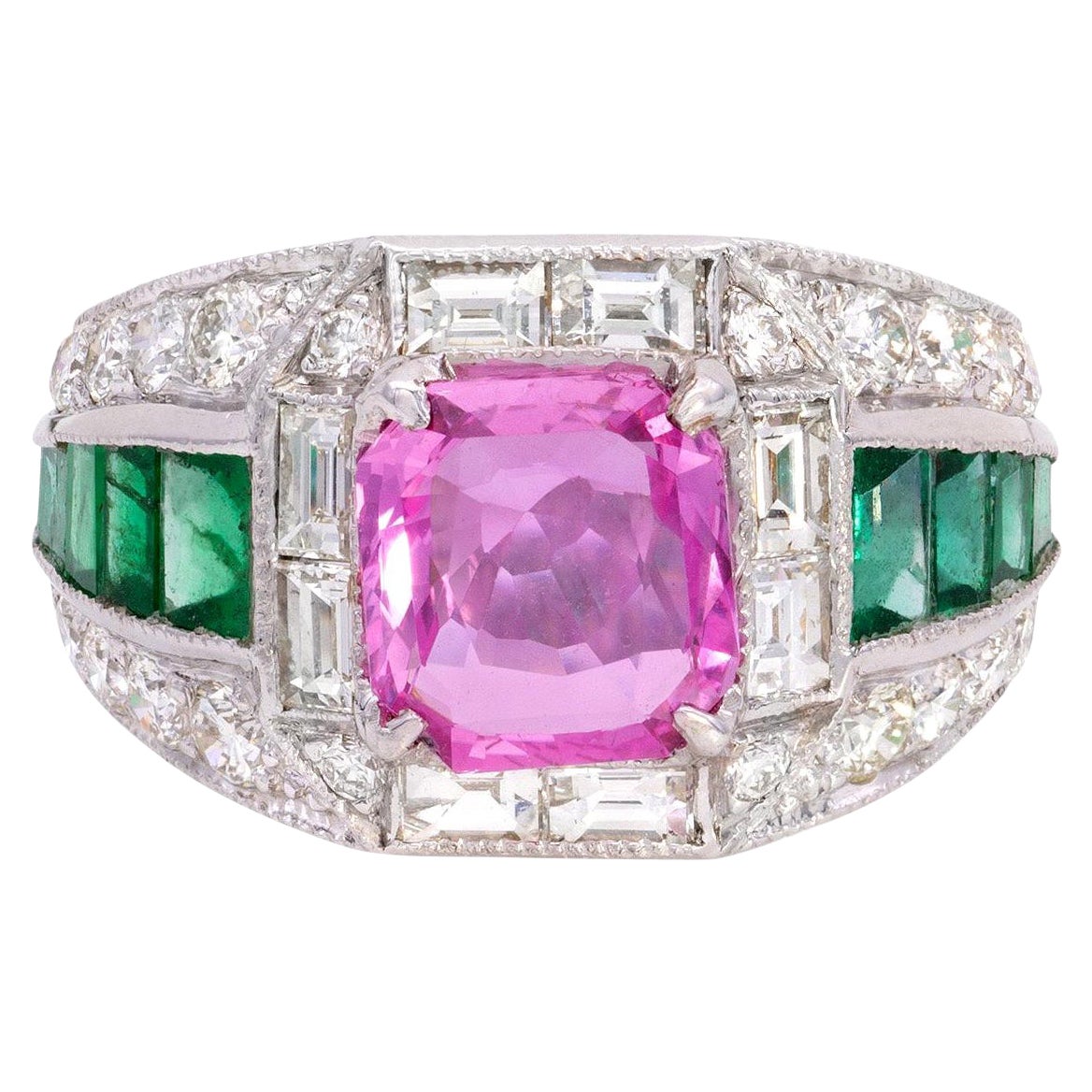 Pink Sapphire Emerald Deco Style and Diamond Ring For Sale at 1stDibs