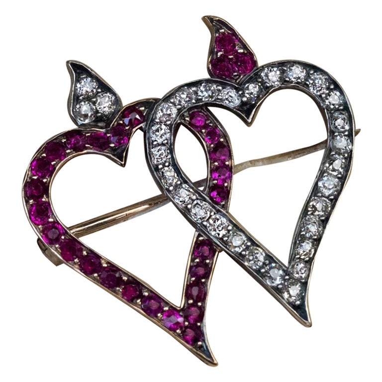 Antique Ruby Diamond Twin Heart Brooch For Sale at 1stDibs