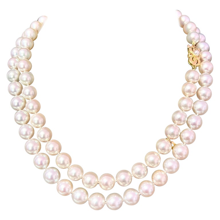 Mikimoto Estate Akoya Pearl Necklace 34" 18k Gold 9.5 mm Certified For Sale at 1stDibs