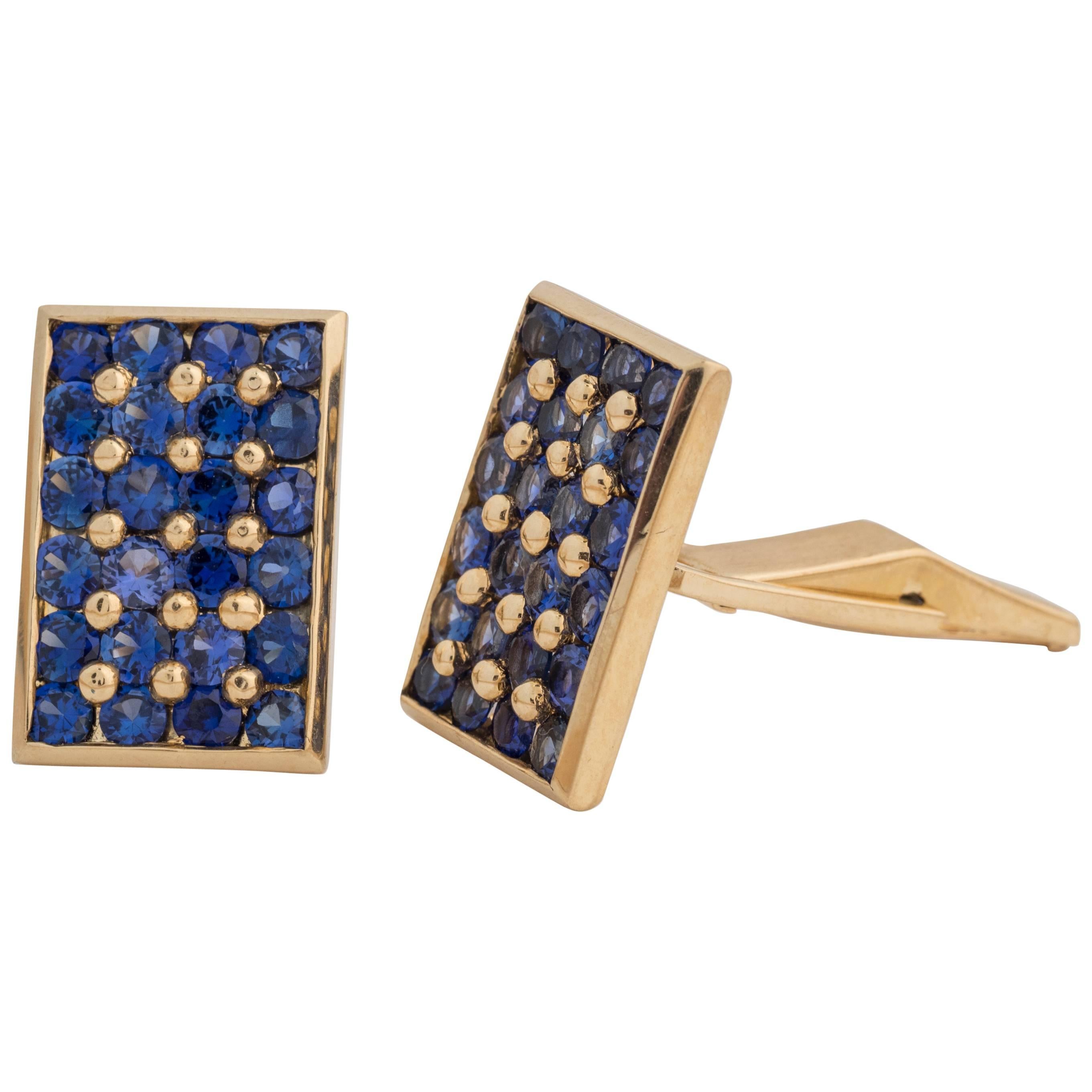1960s Vintage Sapphire and 14 Karat Yellow Gold Handmade Cufflinks For ...