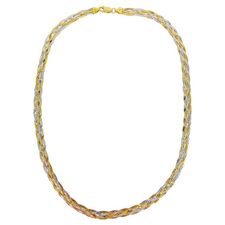 Vintage Wheat Braided 18 Karat Tri-Color Gold Necklace For Sale at 1stDibs