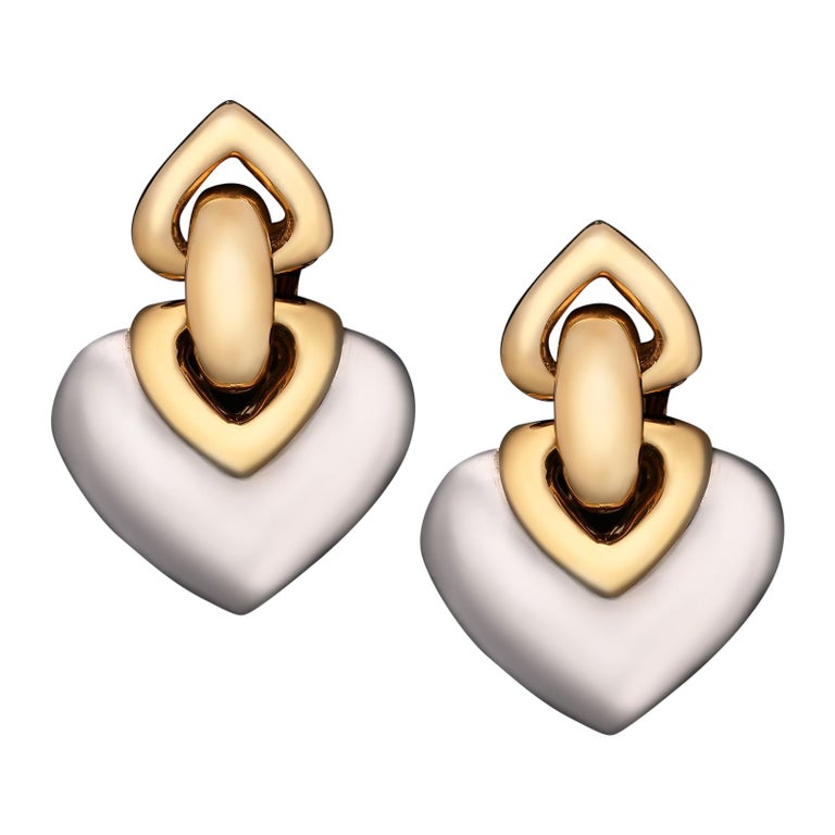 Bulgari 18ct Yellow Gold and Stainless Steel 'Doppio Cuore' Ear Clips For Sale at 1stDibs