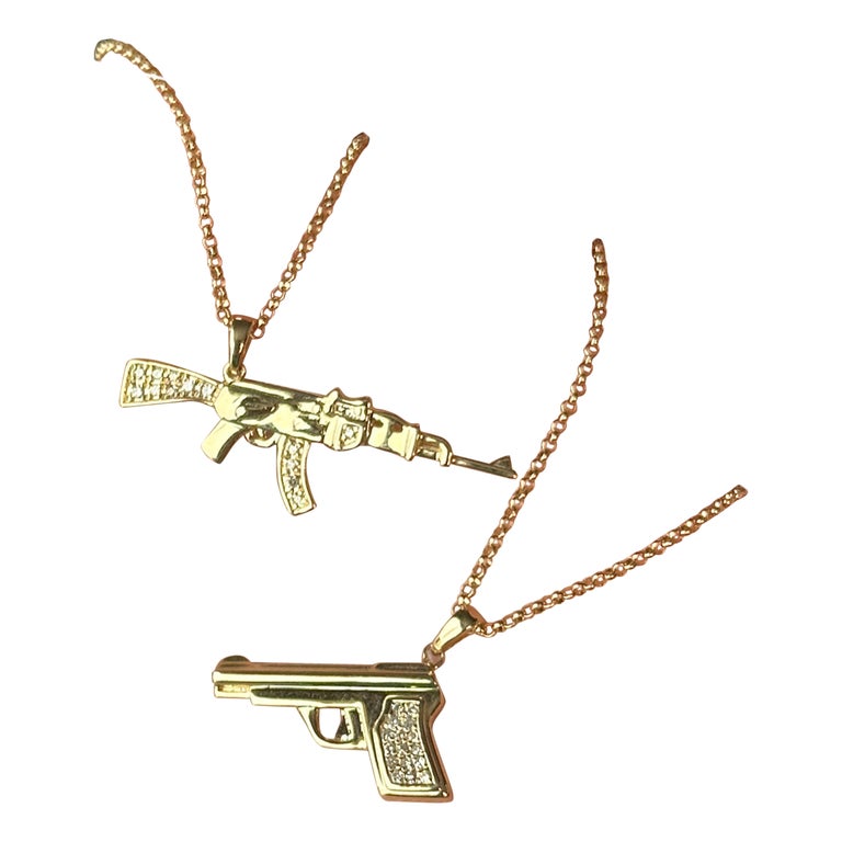 14k Gold Gun Charm Necklace, Diamond Gun Necklace, Charm Necklaces ...