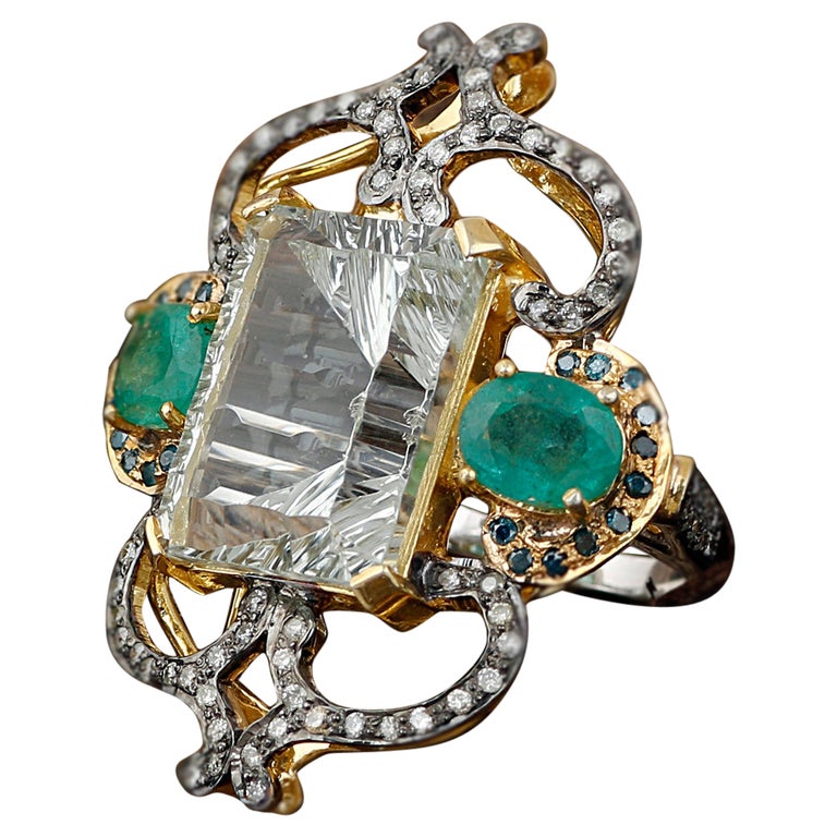 Victorian Style Real Diamond Silver Emerald Amethyst Gemstone Cocktail ...