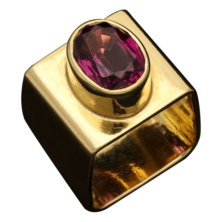 Cartier Bold Modernist Gold Square Ring Set with an Oval Tourmaline ...