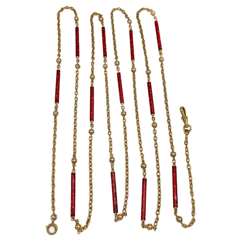 Victorian 18 Karat Gold Red Enamel Barrel Long Chain Necklace For Sale ...