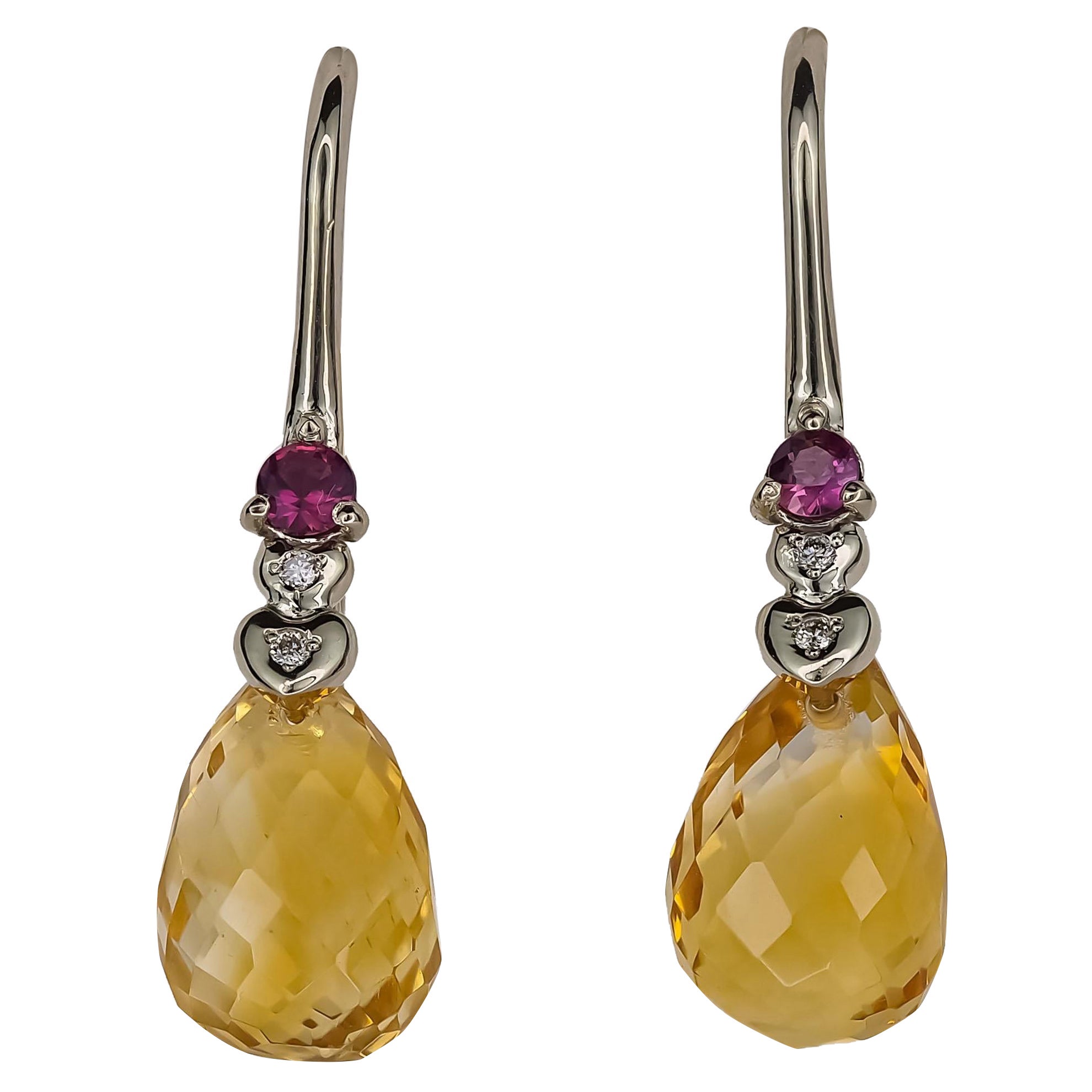 Citrine, Pink Sapphire and Diamond Studded Earrings in 14 Karat Yellow ...