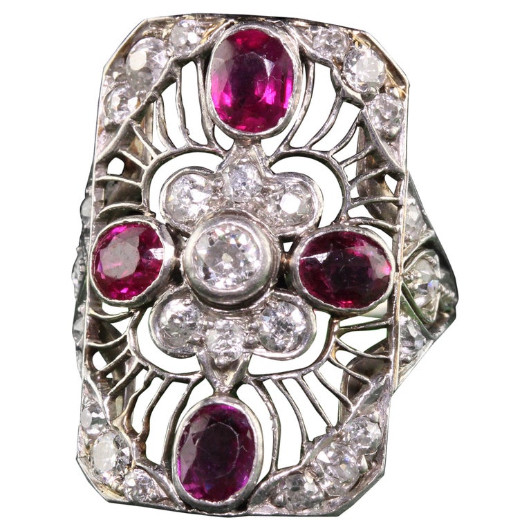 Antique Art Deco Platinum Old European Diamond and Ruby Filigree Shield ...
