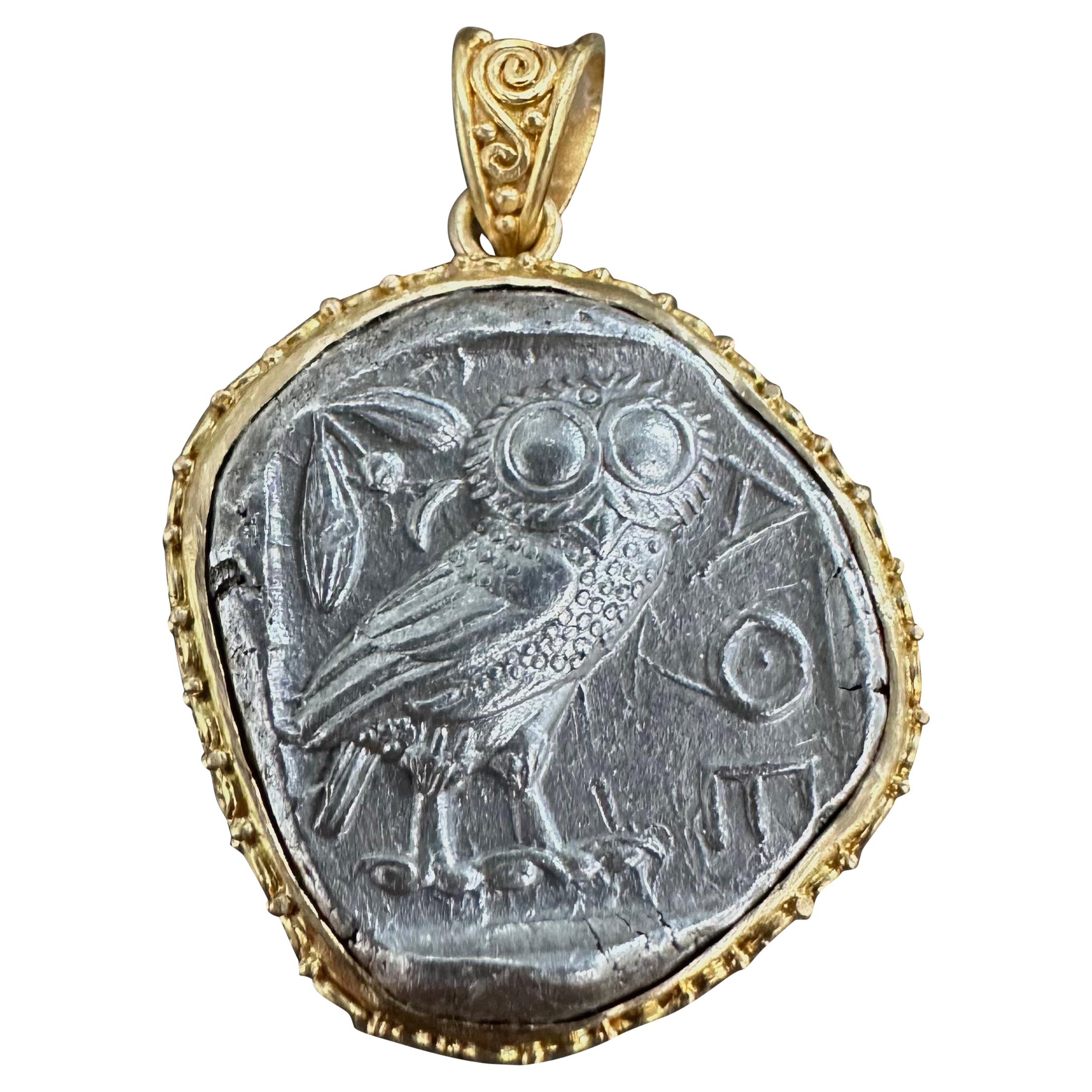 Ancient Greek 5th Century BCE Athena Owl Coin 18K Gold Pendant For Sale ...