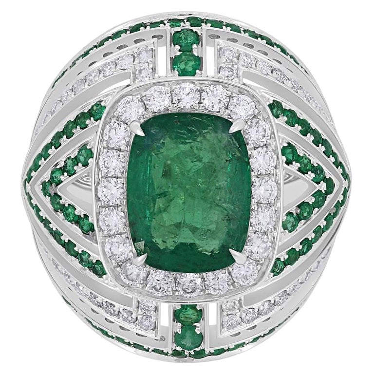 Nigaam 6.0cttw. Cushion Emerald and Diamond Dome Ring in 18k White Gold ...