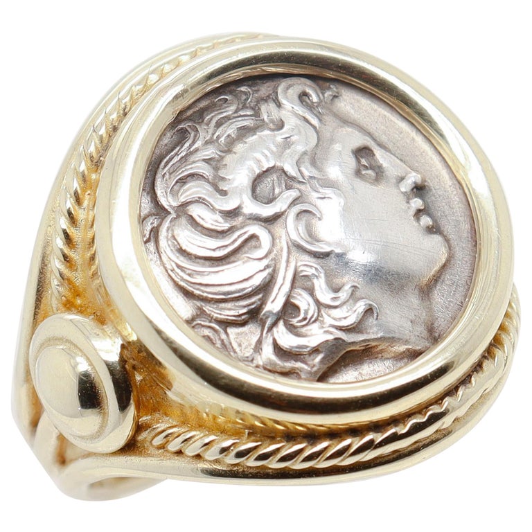 14K Gold Alexander the Great Silver Coin Signet Ring For Sale at 1stDibs