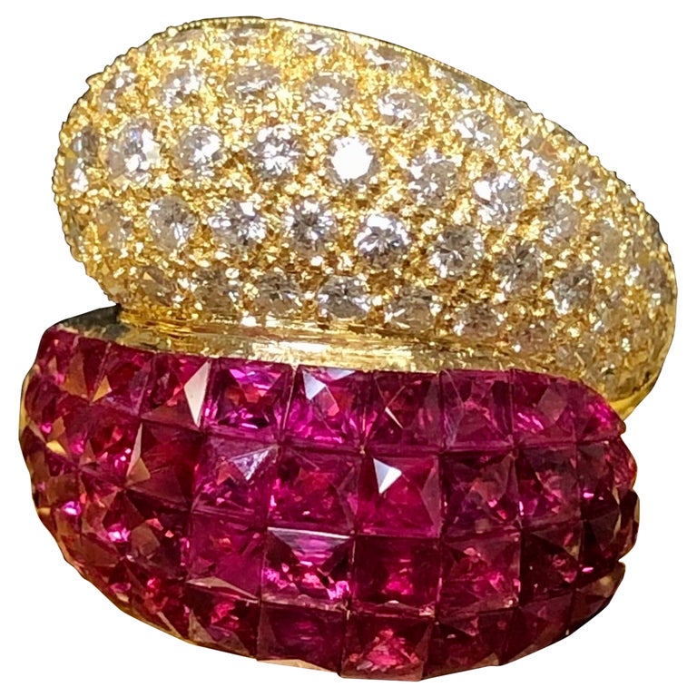 Estate 18K Invisible Set Ruby Pave Diamond Bypass Cocktail Ring 7 ...