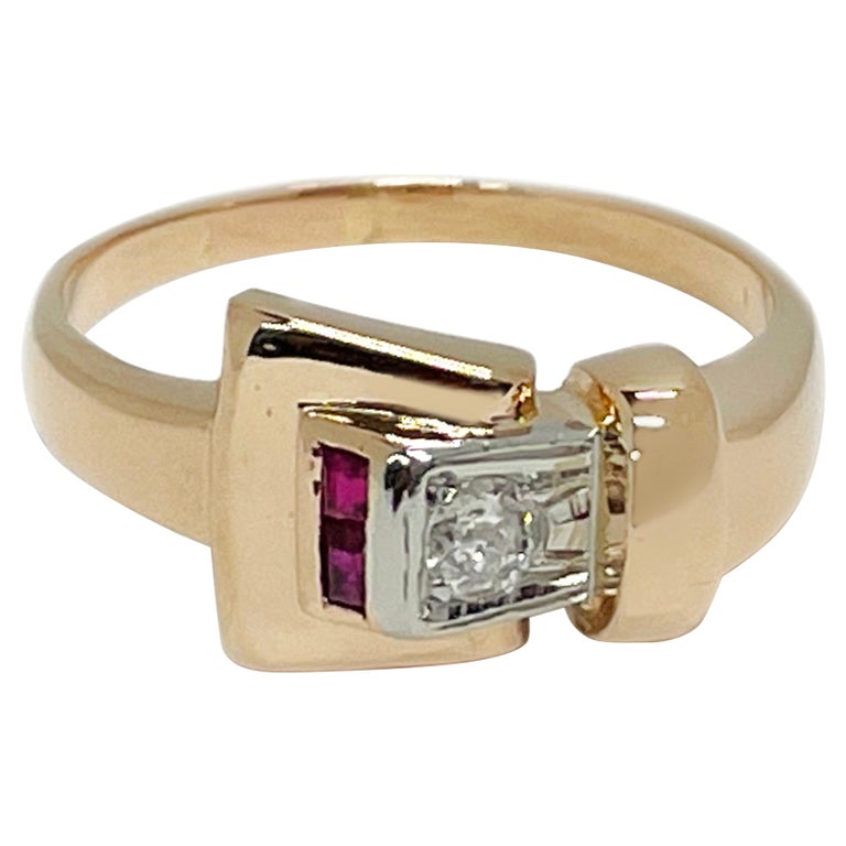 Platinum Rose Gold Diamond Ruby Buckle Ring For Sale at 1stDibs