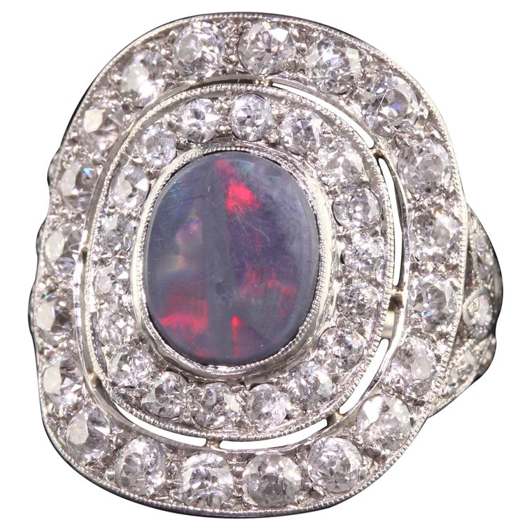 Antique Art Deco Platinum Black Opal and Old European Diamond Shield ...