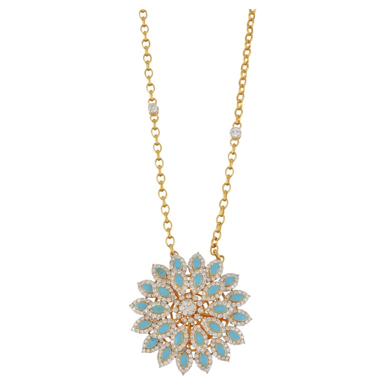 5.7 Carat SI/HI Diamond Enamel Flower Pendant Fine Necklace 14 Karat ...