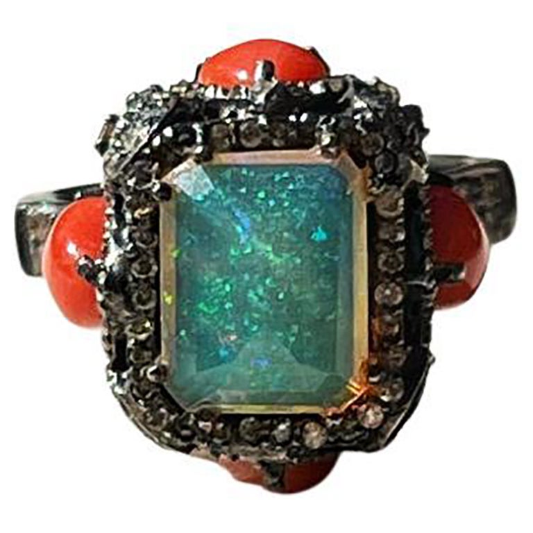 Oxidized Sterling Silver Ethiopian Opal, Coral and Diamond Ring For ...