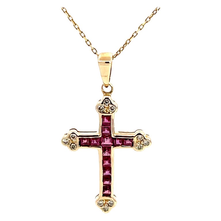 Ruby and Diamond Cross Pendant with Chain in 14k Yellow Gold For Sale ...