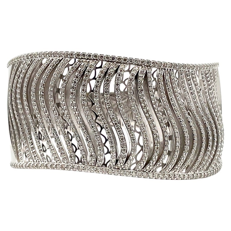 4.52ct, Curved Diamond Cluster Cage Bangle in 14k White Gold For Sale ...